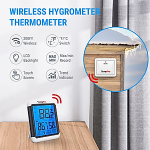 TempPro B65S Indoor Outdoor Thermometer Wireless Digital Hygrometer Temperature Sensor Humidity Gauge Monitor with Large Backlight Touchscreen for Home Thermometer