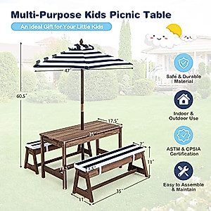 HONEY JOY Kids Picnic Table, Outdoor Wooden Table & Bench Set w/Removable Cushions and Umbrella, Stripe Fabric, Children Backyard Furniture for Patio Garden, Gift for Toddler Boys Girls Age 3+(Blue)