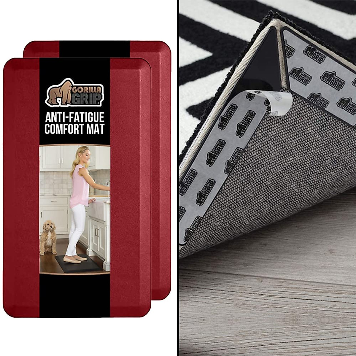 Gorilla Grip Antifatigue Mat Set of 2 and Rug Grippers 12 Pack, Antifatigue Mats Size 17x48 and 17x24 in Red, Supportive Memory Foam, Rug Grippers are Dual Sided Flexible Carpet Gripper, 2 Item Bundle
