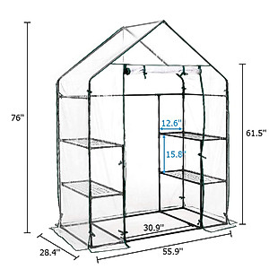 AMERLIFE Mini Walk-in Greenhouse 3 Tier 4 Shelves with PVC Cover and Roll-Up Zipper Door,for Indoor Outdoor Use Extra Hooks Wind Ropes, 77''x56''x29''