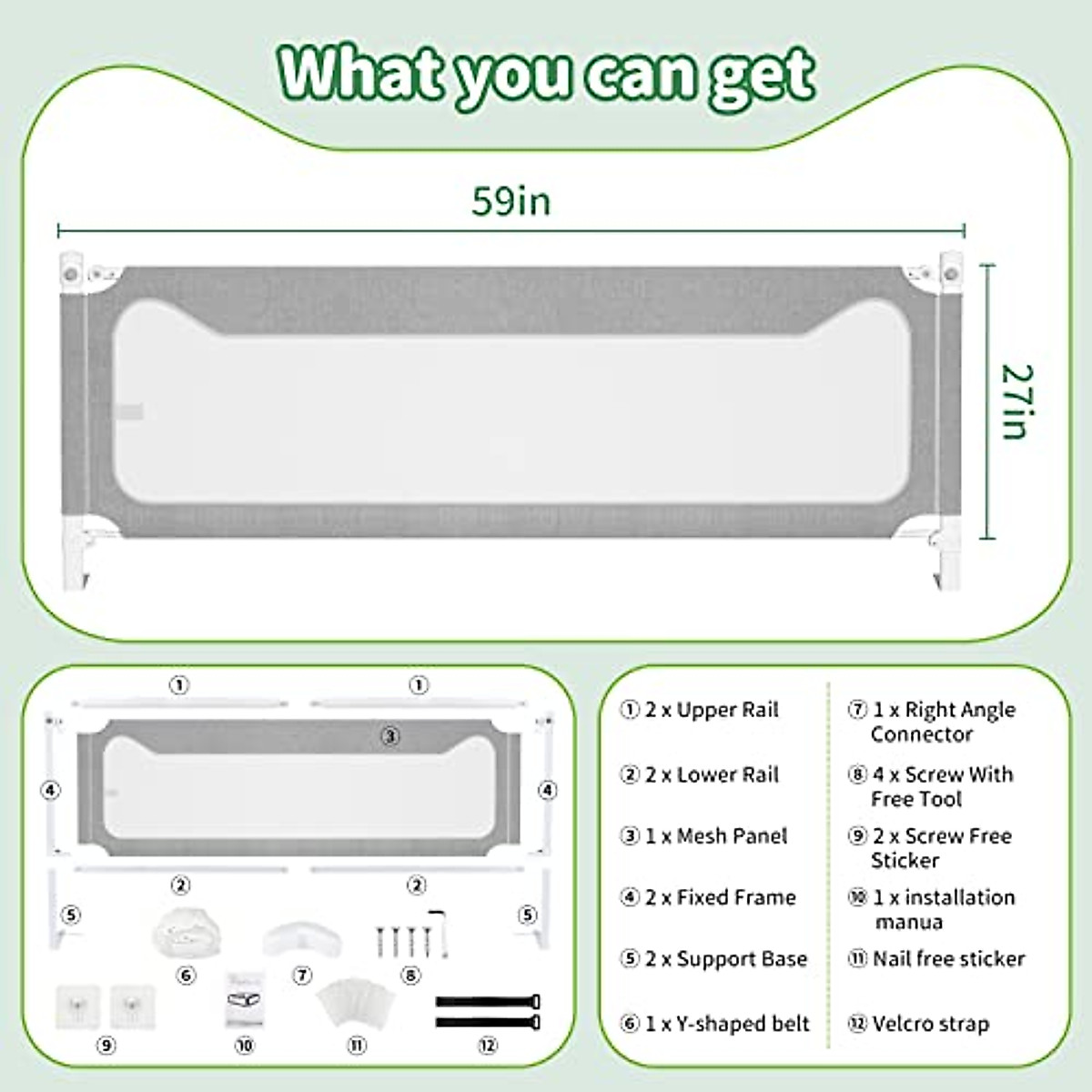 Sephyroth Bed Rails for Toddlers, Upgrade Height Adjustable Baby Bed Rail Guard Specially Designed for Twin, Full, Queen, King Size - Safety Bed Guard Rails for Kids 1 Side:59"(L) ×27"(H)