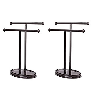 ALUCSET 2 Pack Metal Modern Hand Towel Holder Rack Stand with Base for Bathroom Kitchen Vanity Countertops to Display and Store Small Towels or Washcloths, 2-Sided (Coffee, Set of 2)