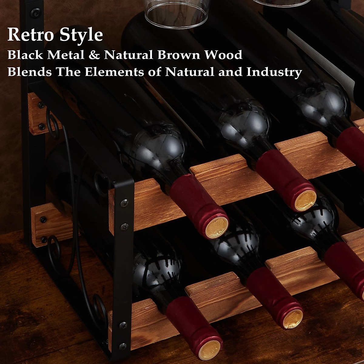 X-cosrack 2 Tier Solid Wood Wine Rack, Hold 8 Wine Bottles and 6 Glasses Countertop Wine Storage Stand, Freestanding Wine Holder Display Shelves for Kitchen, Pantry, Cellar, Bar