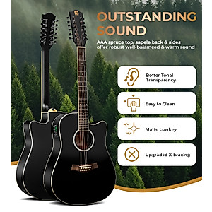 Vangoa 12 String Guitar Acoustic Electric, Upgraded Guitar 12 Strings Bundle for Beginner Intermediate Adults Teens, Guitarra de 12 Cuerdas, Spruce Top Bone Nut, Black, Matte