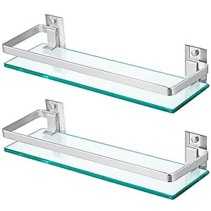 Sanbege 2-Pack Tempered Glass Bathroom Shelf with Rail, 15" x 4.5" Rectangular Shower Caddy, Wall Mounted Floating Shampoo Holder for Lavatory, Kitchen, Living Room