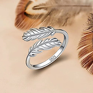 Hioed 925 Sterling Silver Feather Inspirational Jewelry Ring Adjustable Dainty Wrap Open Rings for Women