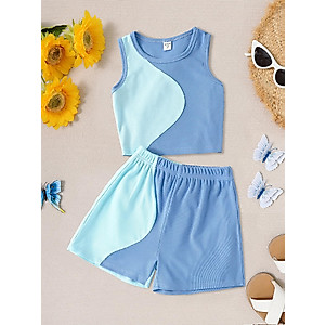 Verdusa Girl's 2 Piece Workout Outfit Colorblock Crop Tank Top and Short Sets Blue 9Y