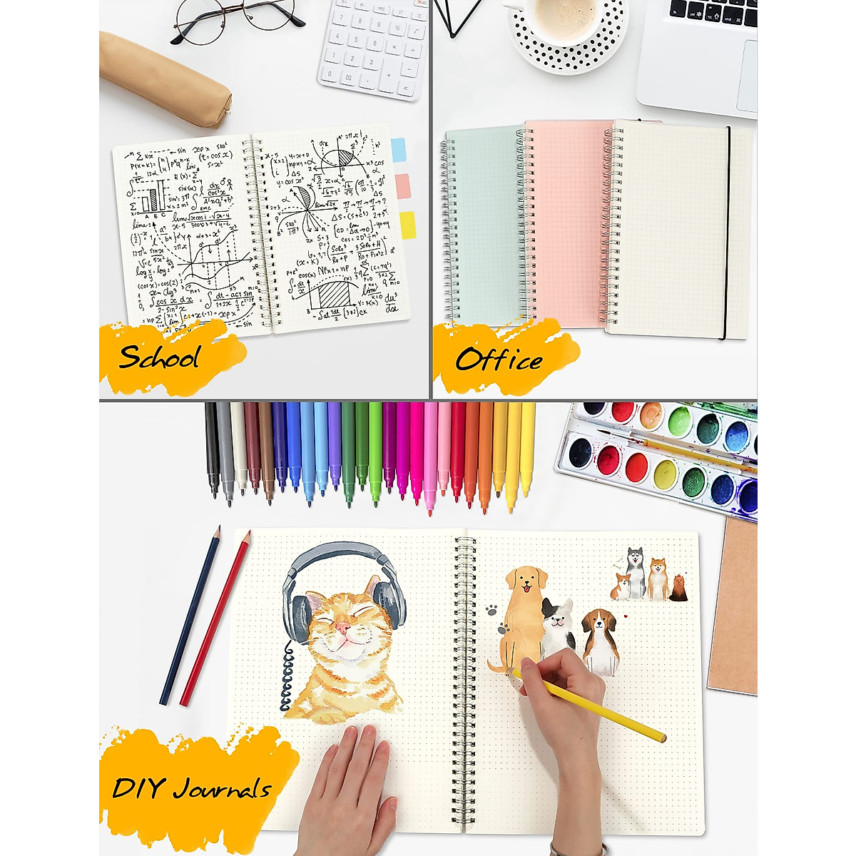 SUNEE Spiral Dotted Notebooks - B5 Spiral Bullet Journals, 120gsm Thick Dotted Paper, 3 Pack Dot Grid Notebook for Women, School, Office, 80 Sheets, 7.6" x 10", Blue, Pink, Transparent