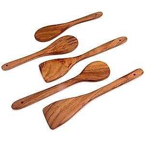 5 Piece Non-Stick Acacia Wooden Cutlery Spoon Set For Cooking, Wood Kitchen Utensils Salad Spoon Fork & Turner, Ladle & Flat Spatula Set, Long Handle Cookware Tools, 12 & 10 Inch, Natural Brown