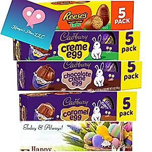 Maryseplace Easter eggs Variety packs of 4 Flavors- 20 Eggs totals- Peanut Butter Eggs- Cadbury Creme Eggs- Chocolate Creme Eggs - Caramel Creme Eggs- Easter Chocolate - Gift Boxed, Easter Hunt, Easter Candy- basket & Filler, Party Decor (20 Eggs) . Come