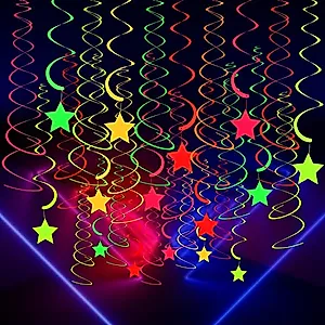50 Pieces Glow Party Supplies Hanging Swirl Decorations Neon Star Swirl Hanging Decorations for Neon Party Glow Party Ceiling Decorations