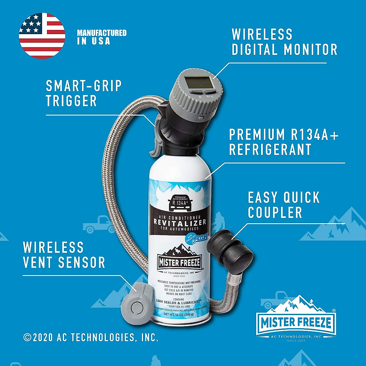 Mr. Freeze Car Air Conditioner Synthetic R134A Refrigerant, AC Recharge Kit with Hose and Wireless Digital Temperature Sensor, 14 Oz