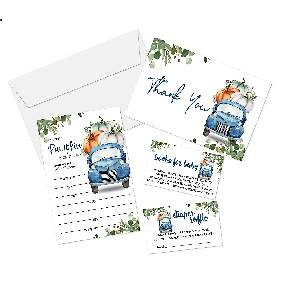 Yuansail Baby Shower Invitation Set, Fill In Invites Cards, Books for Baby, Diaper Raffle, Thank You, Pumpkin, Each Design 25 Cards & Envelopes (Total 100 Cards) – (bb008-taozhuang)