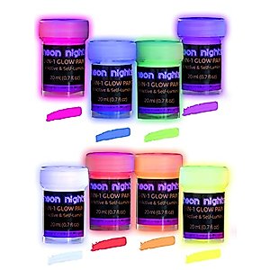 neon nights 2-IN-1 Glow In The Dark Acrylic Paint Set Glows in the Dark & under UV Blacklight - Set of 8 Self-Luminous Neon Paints for Halloween - German Premium Quality - 8 x 20 ml /
