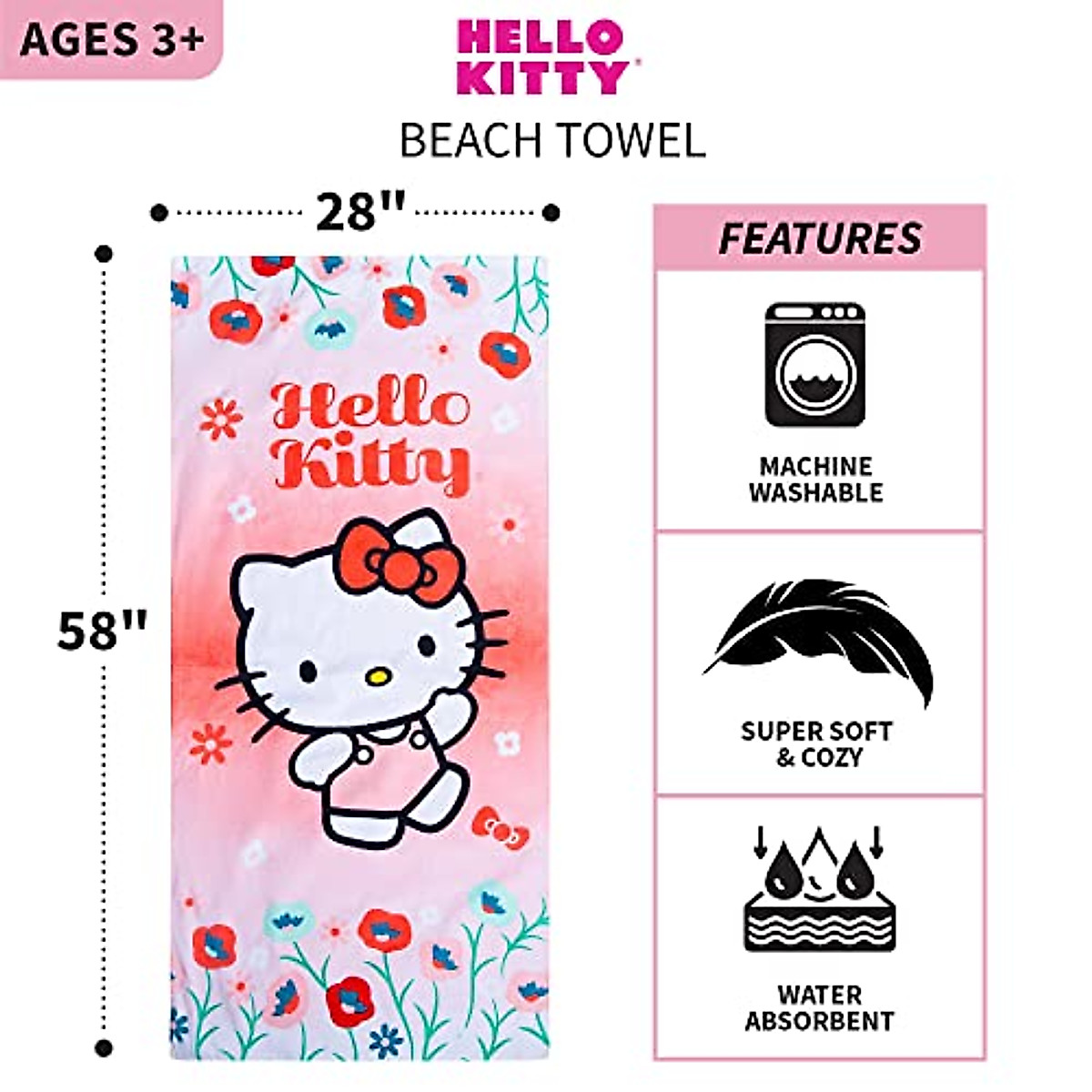Franco Kids Super Soft Cotton Beach Towel, 58 in x 28 in, Hello Kitty