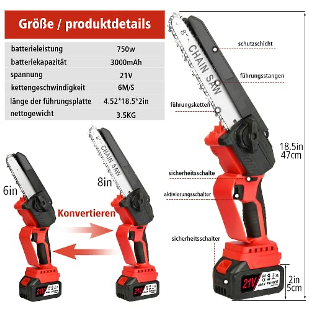 Mini ChainSaw Cordless with 2 Battery, 8&6 Inch Mini Handheld Chain Saw with Replacement Chain, Small Battery Powered Electric Portable Chain Saw for Branch Wood Cutting and Garden Tree Trimming