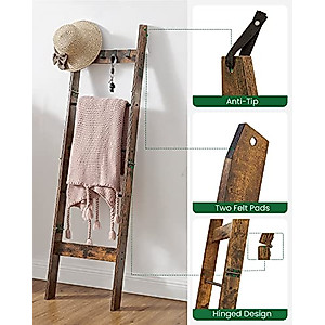 Hzuaneri Blanket Ladder - for Bedroom, Decorative Wood Quilt Rack with 4 Removable Hooks, 5-Tier Farmhouse Ladder Holder Organizer for Bathroom Living Room, Rustic Brown and Black 02101BBR