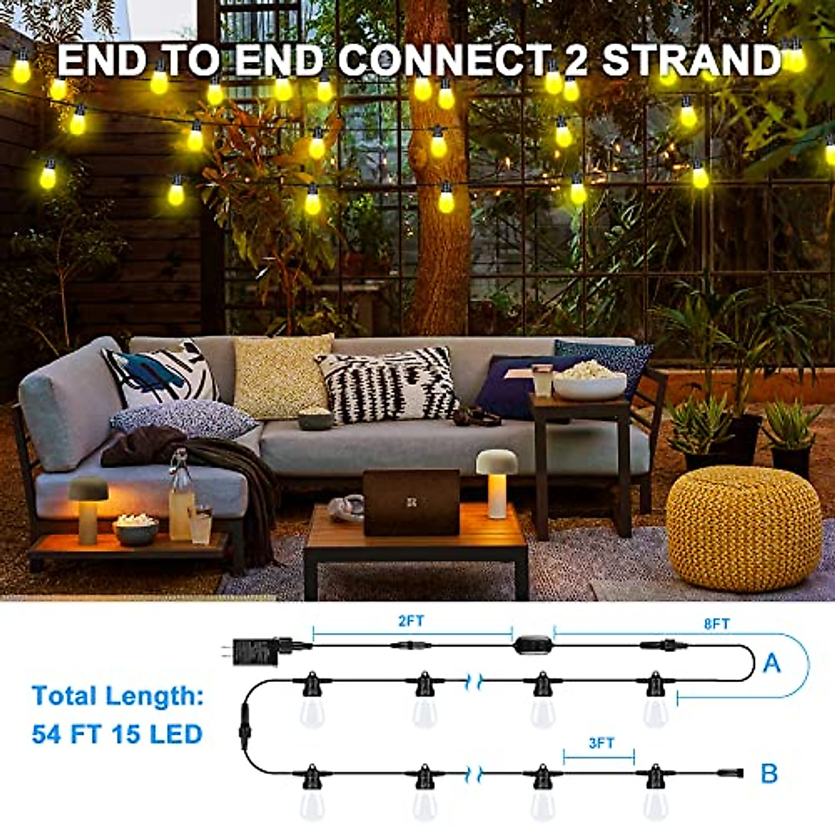 SOVELA Smart Outdoor String Lights, 54 FT Dual Mode APP Controlled LED Patio Light, 6 Scene Modes, IP65 Waterproof and Shatterproof Garden Light with 15 LED Bulbs for Outdoor Bistro Party Decor
