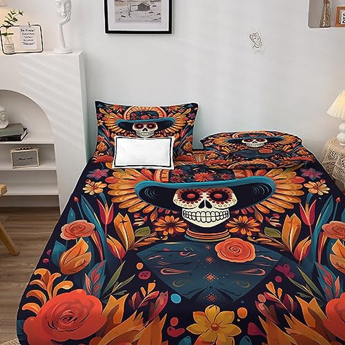 Skeleton Sheets Full Size, Day of The Dead Bed Sheets, Patterned Bedding Sheets & Pillowcases 4 Piece Set - Soft Microfiber Deep Pocket Fitted Sheet & Flat Sheet & 2 Pillow Cases L8-&-335
