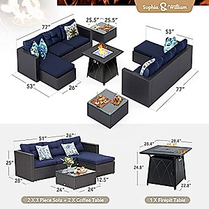 Sophia & William Patio Furniture Sectional Sofa with Gas Fire Pit Table All-Weather Wicker Rattan Outdoor Conversation Sets W/Coffee Table, CSA Approved 28-Inch 50,000BTU Propane Fire Pit (Navy Blue)