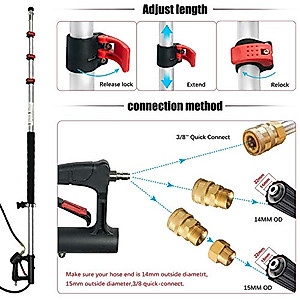 Buyplus Telescoping Pressure Washer Wand, 24 Feet Telescopic Lance with 2 Extension Wands, 1 adapters, 5 Spray Nozzle Tips and Support Belt, 4200 PSI Max Pressure