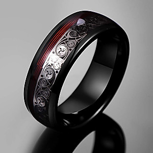 Vakki Black Tungsten Carbide Promise Ring with Celtic Spiral and Red Guitar String Inlay 8mm Domed Black Tungsten Wedding Band Size 11.5