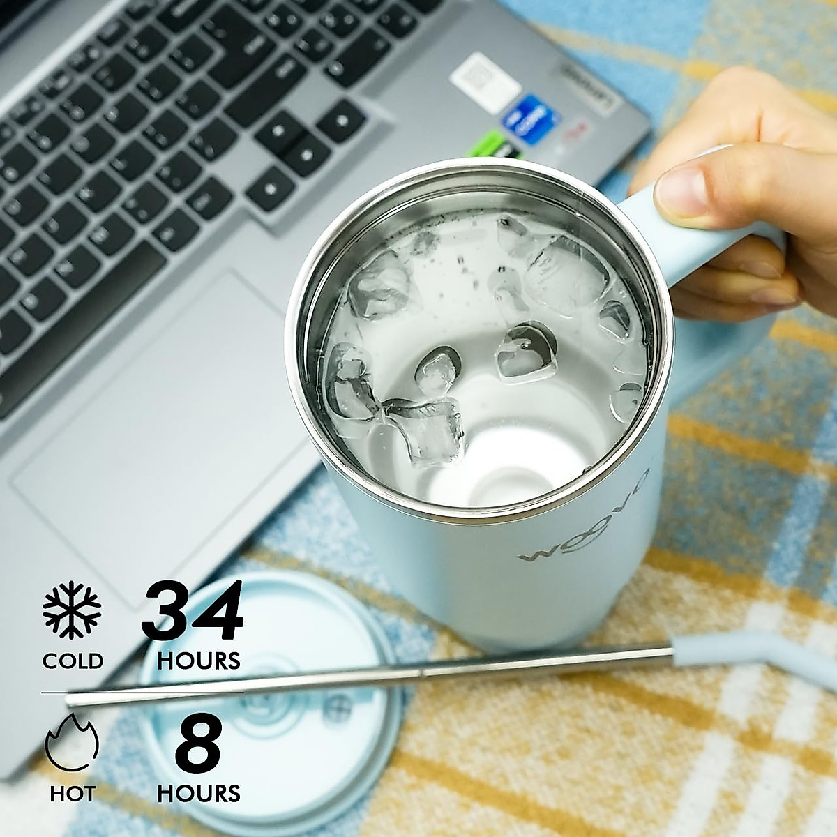 30 oz Water Cup with Straw and Lid, Insulated Water Bottle with Handle, BPA Free Reusable Double Wall Stainless Steel Tumbler Cup for Adults, Light Blue