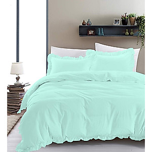 Ultra Soft 600 Series 3 Piece Aqua Blue Edge Ruffle Frilled King Duvet Cover Set (Duvet Cover + 2 Pillowcases) 100% Egyptian Cotton Button Closure Bedding Duvet Cover