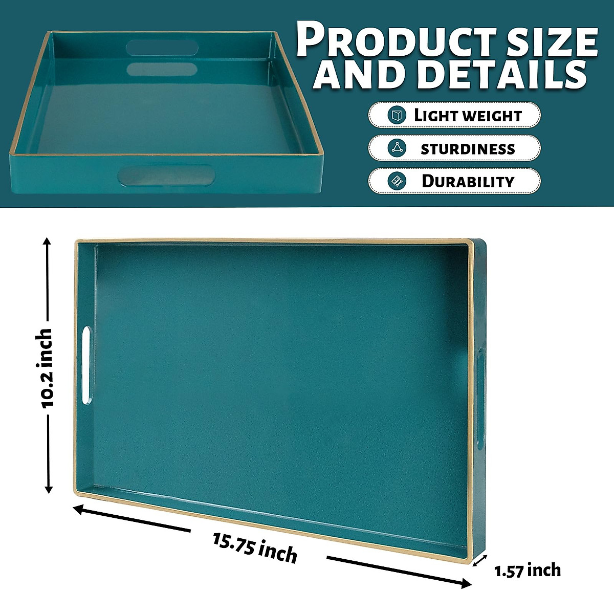 MAONAME Teal Serving Tray with Handles, Modern Decorative Tray for Coffee Table, Plastic Rectangular Tray for Ottoman, Bathroom, Decor, 15.75” x 10.2” x1.57