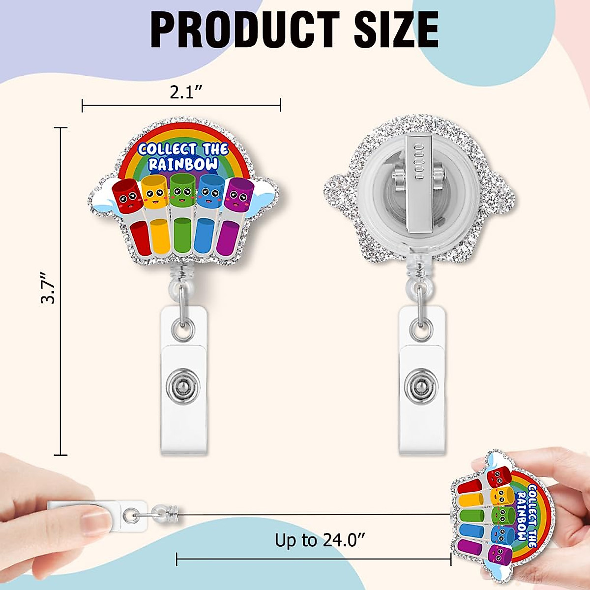 QYUVK Retractable Collect The Rainbow Badge Reel with Alligator Clip, Funny Silver Glitter Phlebotomy Tech Blood Draw Badge Holder Gift for Doctors Nurses Lab Tech Phlebotomist