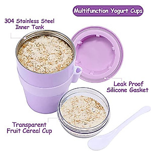 Wheelive Insulated Yogurt Container with Lid, Leak Proof Stainless Steel Parfait Cups with Lids and Reusable Plastic Spoon, 17oz Overnight Oats Containers with Lid On the Go, Dishwasher Freezer Safe