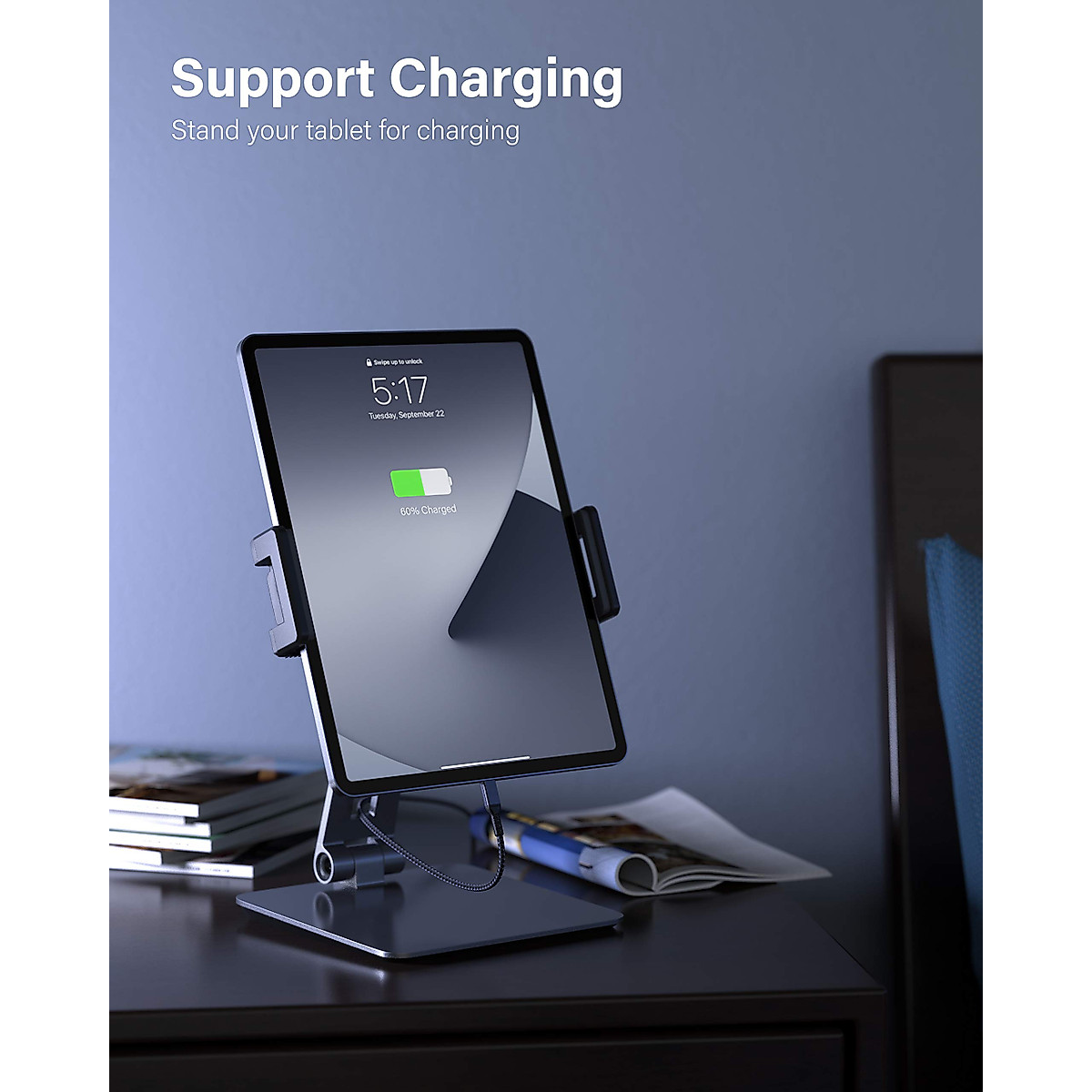 Maxonar iPad Stand Holder, Heavy-Duty Aluminum Alloy Tablet Stand, 360° Swivel Foldable iPad Pro Air Charging Stand Holder for Desk Bed Store POS Showcase Reception Kitchen Office (6-13''), Grey