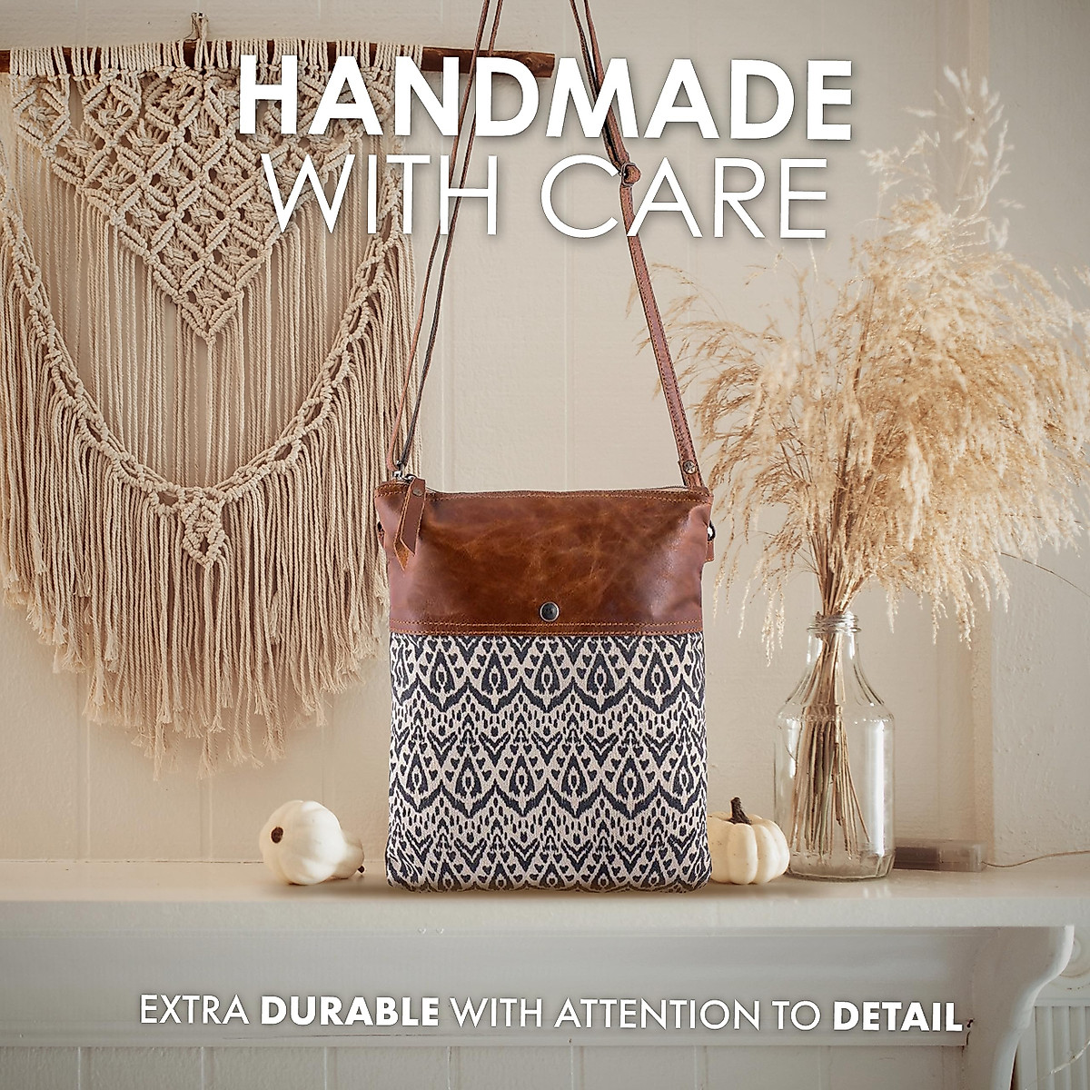 SIXTEASE Crossbody Bag for Women Vintage Style Genuine Leather, Upcycled Canvas, Rug, or Hair On - Cross Body Womens Bags with Inside Zipper Pockets - Supine