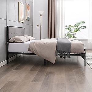 Mixoy Cal King Size Modern Metal Bed Frame with Linen Headboard, Platform Bed with Metal Slat Support, Noise Free, No Box Spring Needed(Cal King/Dark Grey)