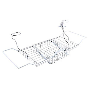 GOTOTOP Stainless Steel Tub Shampoo Bath Caddy Bathtub Caddy Tray, Stainless Steel Bathroom Bath Tub Table Caddy Tray Shelf with Extending Sides and Removable Wine Glass Book Holder Bath Organizer