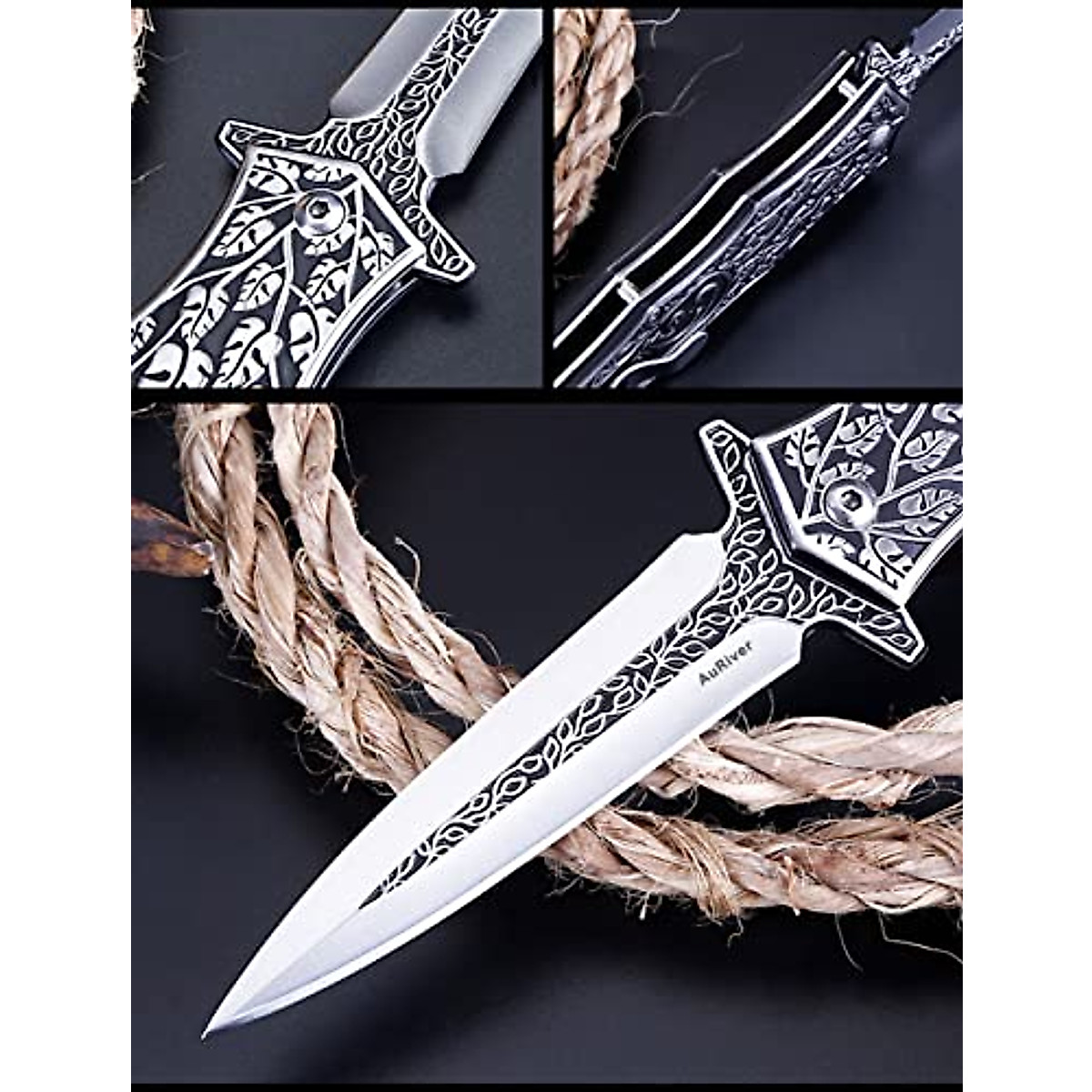 AuRiver Folding Knife, Stainless Steel Pocket Knife with Retro Emboss Patterns and Pocket Clip on Handles, Folding Knives for Camping, Fishing or Favorites