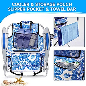 Canpsky Portable Beach Chair for Adults, Outdoor Lightweight Camping Chair Lay Flat Folding Backpack Beach Chair with 4 Positions, Headrest, Cooler Pouch, Cup Holder, Blue and White Porcelain