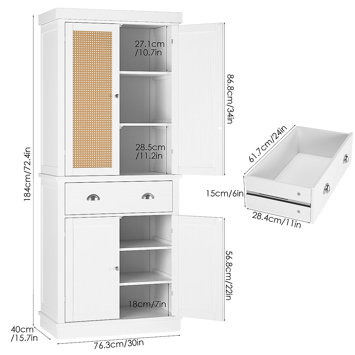 FACBOTALL 72.4” Kitchen Pantry Cabinet, Freestanding Cupboard with Rattan Doors and Large Drawer, Utility Pantry Cabinet, Tall Kitchen Pantry Storage Cabinet for Kitchen, Dining Room, White