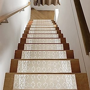 Antep Rugs Non Slip Stair Treads Carpet Bohemian Distressed Peel and Stick Alfombras, Set of 13, Beige, 8"x30"
