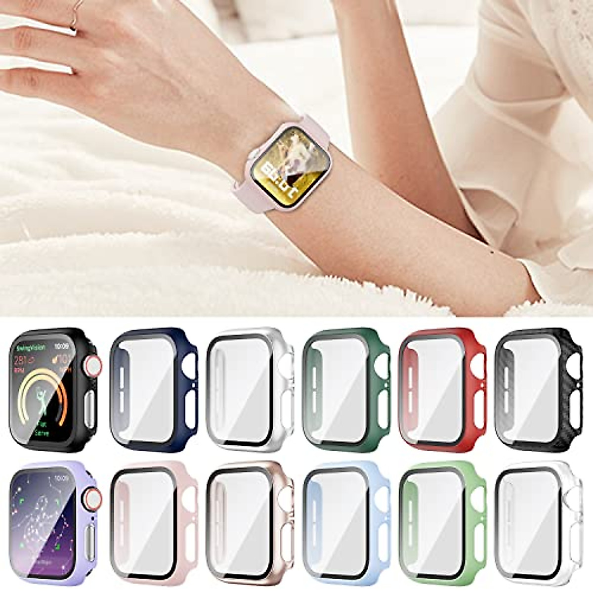 Haojavo 12 Pack Case Compatible for Apple Watch 44mm SE(2022) Series 6/5/4/SE(2019) Tempered Glass Screen Protector, Full Hard PC Scratch Resistant Bumper Protective Cover for iWatch Accessories
