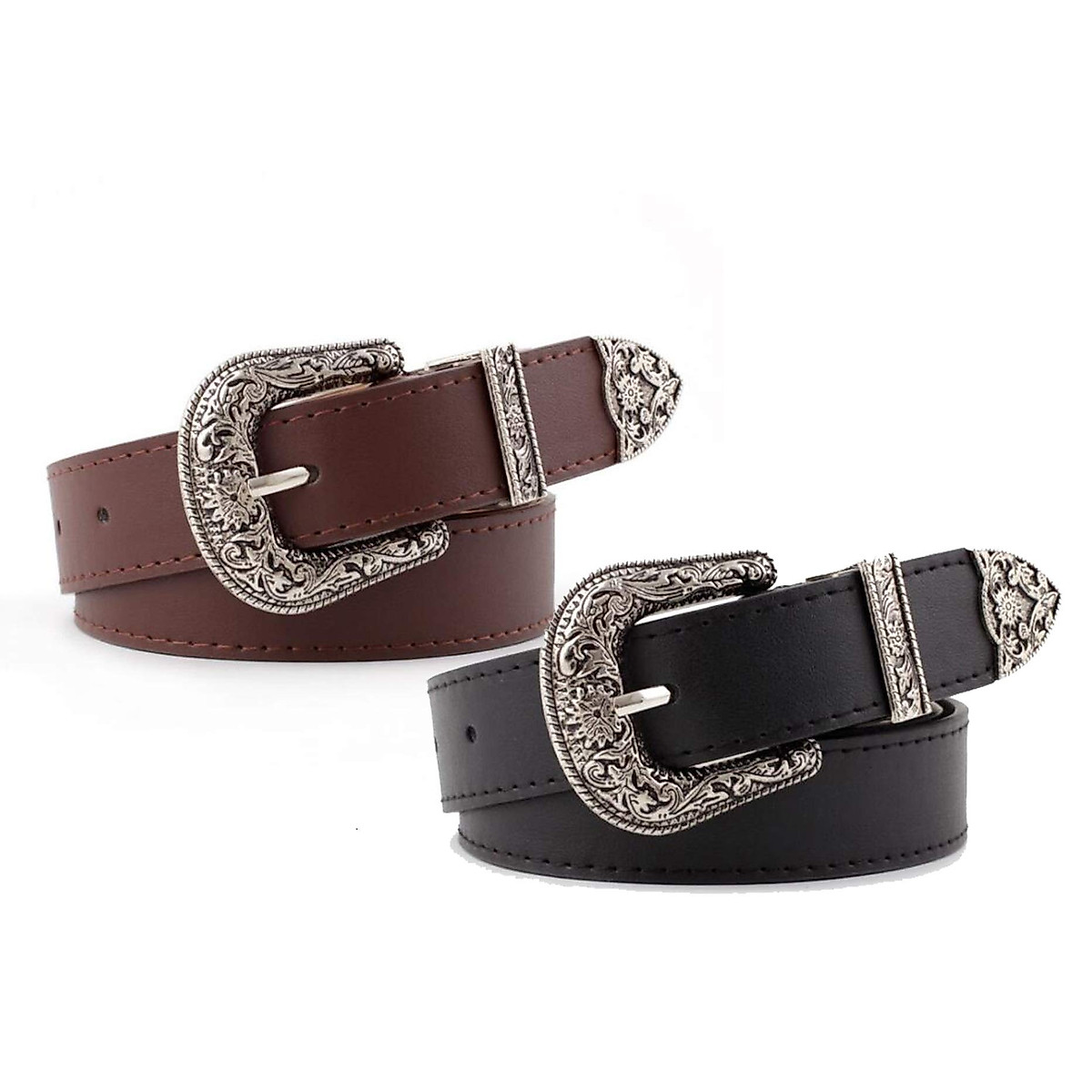 INOGIH Western-Leather-Belts-Women Vintage Waist-Belts with Hollow Out Flower Buckle