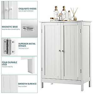 Tangkula Bathroom Floor Cabinet, Freestanding Storage Cabinet with Double Doors and Shelf, Modern Home Furniture, Wooden Home Organizer for Living Room, Bathroom Storage Cabinet, White