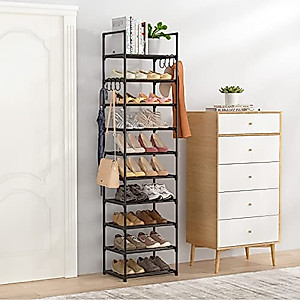 ROJASOP Tall Shoe Rack 10 Tiers Narrow Shoe Rack 20-24 Pairs Vertical Shoe Rack Space Saving Stackable Tall Shoe Rack for Closet Entryway Durable Shoe Shelf Storage Metal Shoe Tower with 8 Hooks