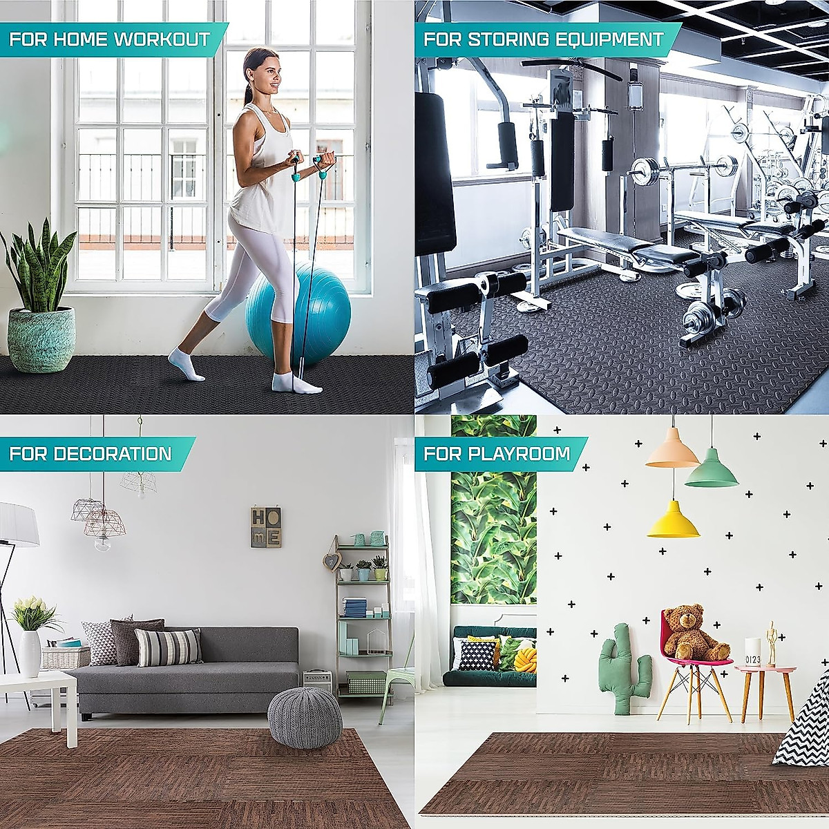 Yes4All 7/16" Thick Eva Wood Grain Floor Mat For Home Gym Equipment, Interlocking Mat Foam Tiles with Border- Grey Oak Wood, 12 tiles 24"x 24"x 7/16" cover 48 Sqft