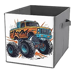 MEIKKO Monster Truck Cute Cube Storage Bins 11 Inch Storage Cubes Foldable Decorative Fabric Storage Baskets for Organizing Home Organizers with Handles for Shelves,Closet