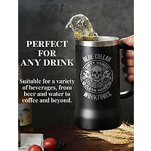 Onebttl Blue Collar Gifts for Men, Boyfriend, Stainless Steel Beer Stein Tumbler, 24oz Beer Mug with Lid for Mechanic, Welder, Construction Worker