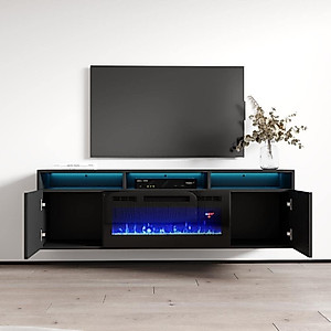 Meble Furniture Giza BL-EF 63'' Floating Fireplace TV Stand - Modern High Gloss TV Stand with Storage Cabinets - Central Entertainment Center Console Table for TVs up to 70" - Black