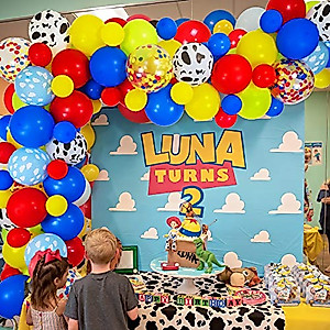 Toy Inspired Story Balloon Arch & Garland Kit, 85 Pack 12" 5" Cloud Cow Print Balloons Red Yellow Blue Fruit Green Latex Balloons Confetti Balloon Set for Baby Shower Kids Birthday Party Decorations