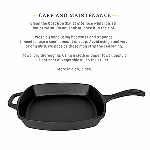 Jim Beam JB0217 10.5" Pre Seasoned Cast Iron Square Skillet for Grill, Gas, Oven, Electric, Induction and Glass, Black