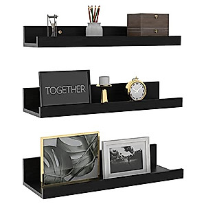 Giftgarden 16 Inch Black Floating Shelves for Wall Mount, Woodgrain Wall Shelf Ledge for Bathroom Bedroom Kitchen Living Room Office Storage, Set of 3 Different Sizes